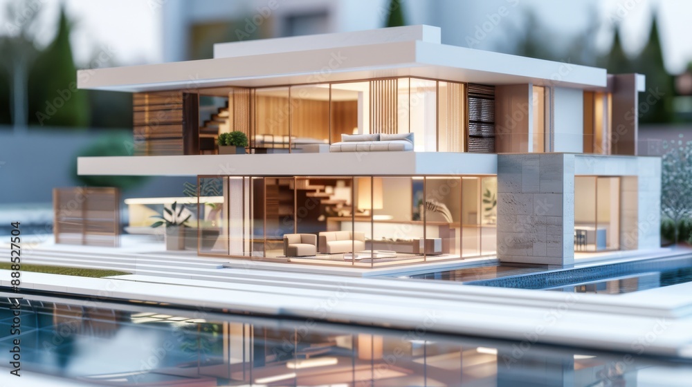 Modern house model, sleek design, under construction, realistic ...