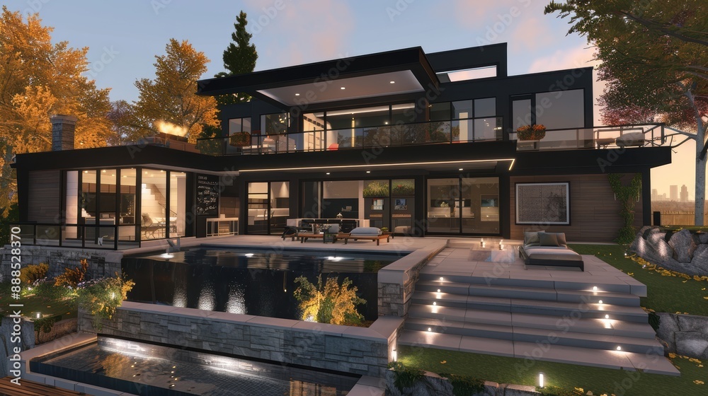 Detailed modern house plan, advanced home security features, realistic ...