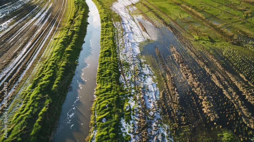 Bird s eye view of early spring landscapes with water puddles in fields ...