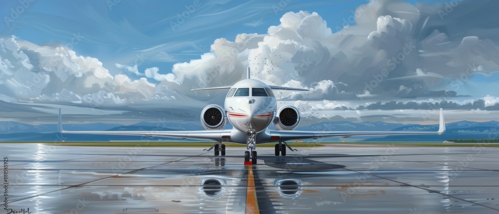 Jet airliner on a wet runway with a dramatic cloudy sky in the ...