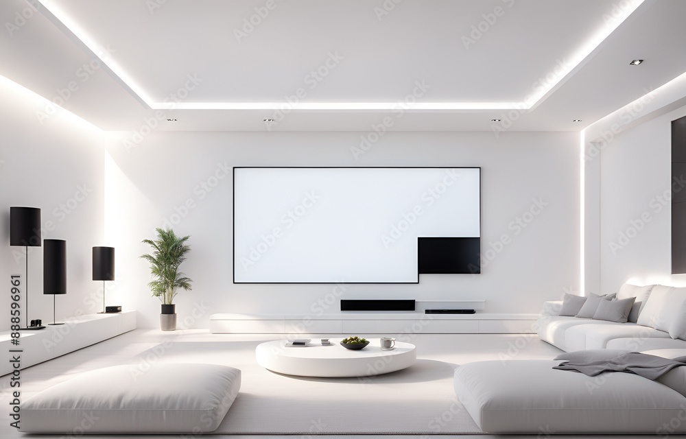 minimalistic interior design, Living room, home theater, huge ...