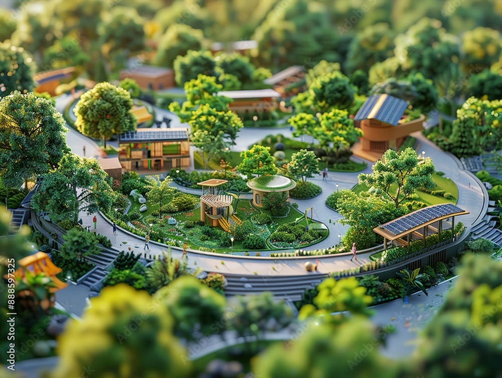 Craft a captivating image of a park at a tilted angle, where solar ...