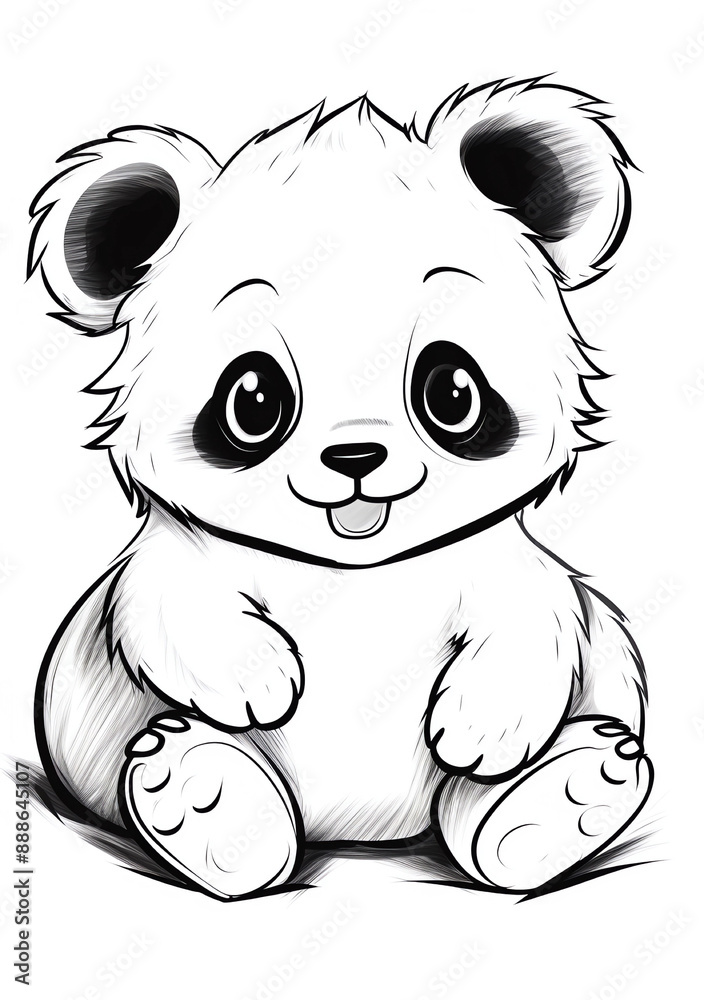 Cute cartoon panda coloring page, simple line art drawing with black ...