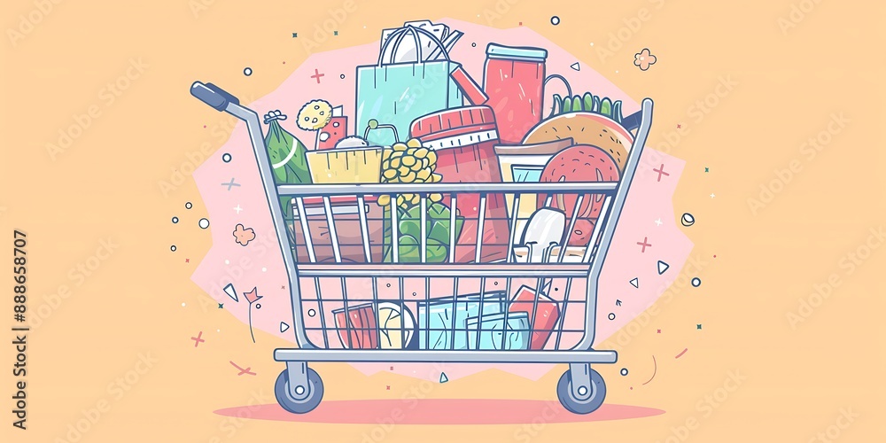 Cartoon style vector of a grocery cart packed with food and household ...