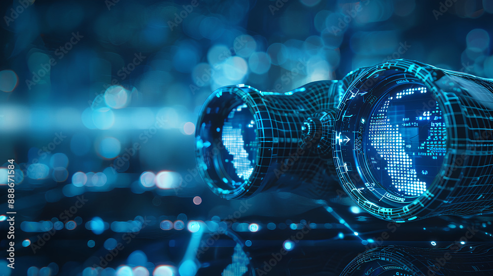 digital blue binocular with data streams, ai in visual recognition ...