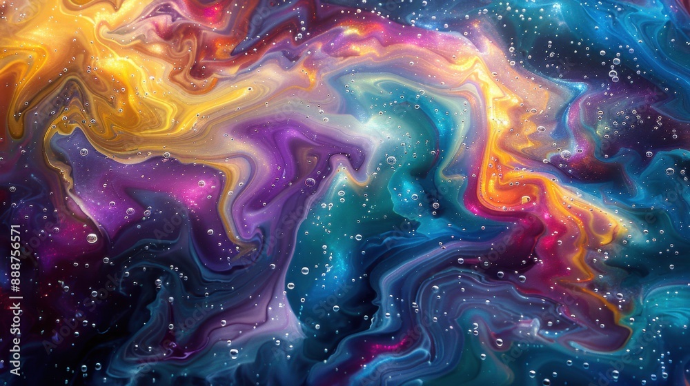 The iridescent sheen of rainbow oil on water, with swirling colors and ...