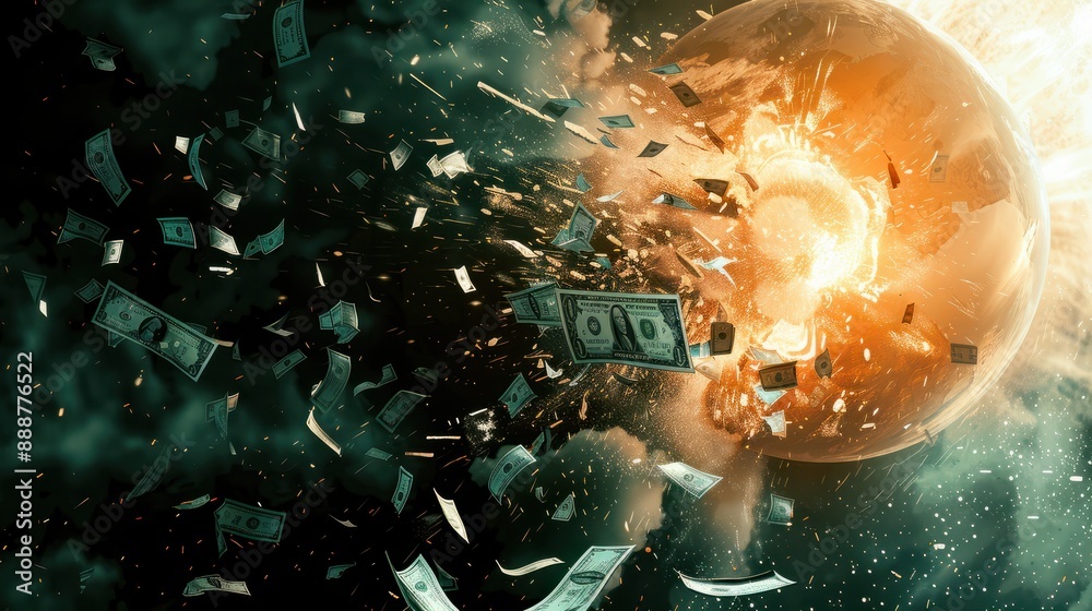 3. Illustrate a scene of a glowing planet fracturing into pieces, with ...