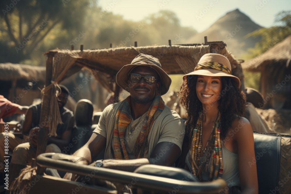 couple on an adventurous safari ride, both wearing hats and smiling ...