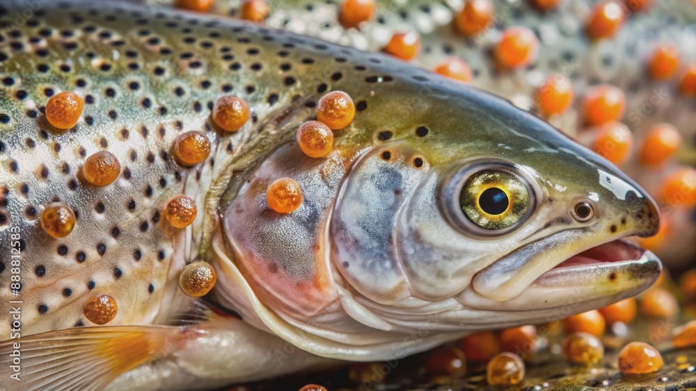 Close-up of parasitic sea lice infestation on steelhead trout's belly ...