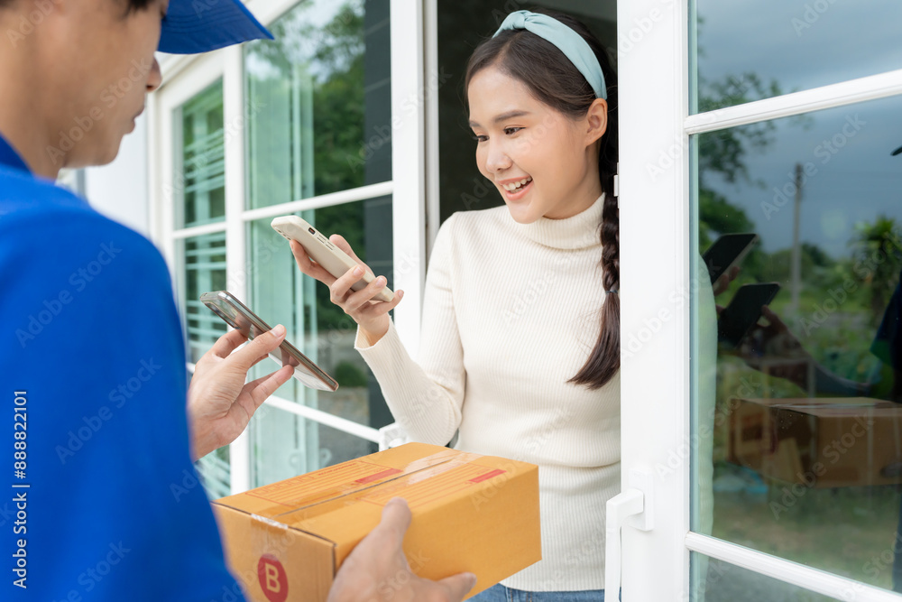 Happy smile Asian woman scan QR code for pay of food. Delivery man send ...