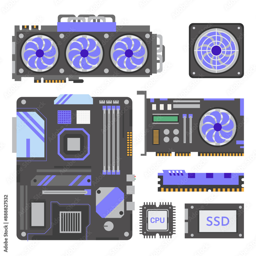 Set of different computer parts in cartoon style. Vector illustration ...