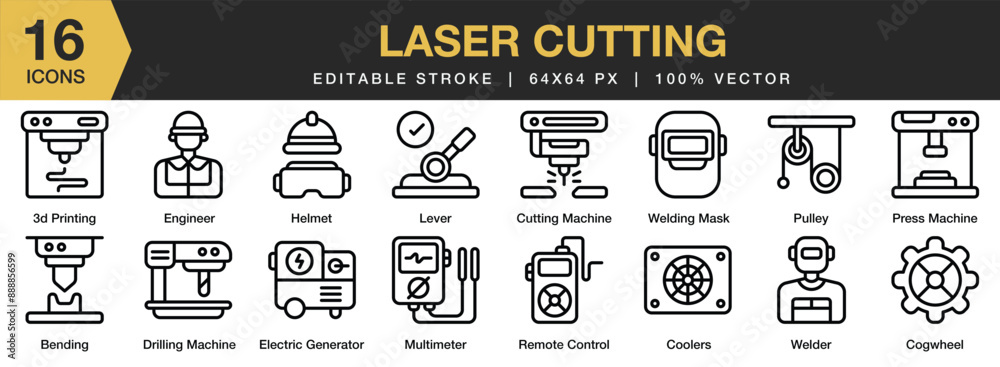 Set of 16 Laser Cutting icon set. Editable Stroke Icon Collection ...
