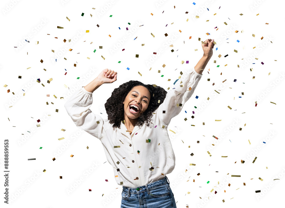 Happy woman with confetti falling everywhere on her isolated ...