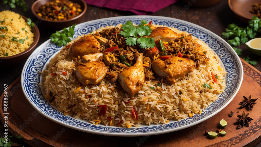 A large plate of chicken biryani, a traditional South Asian dish, with ...