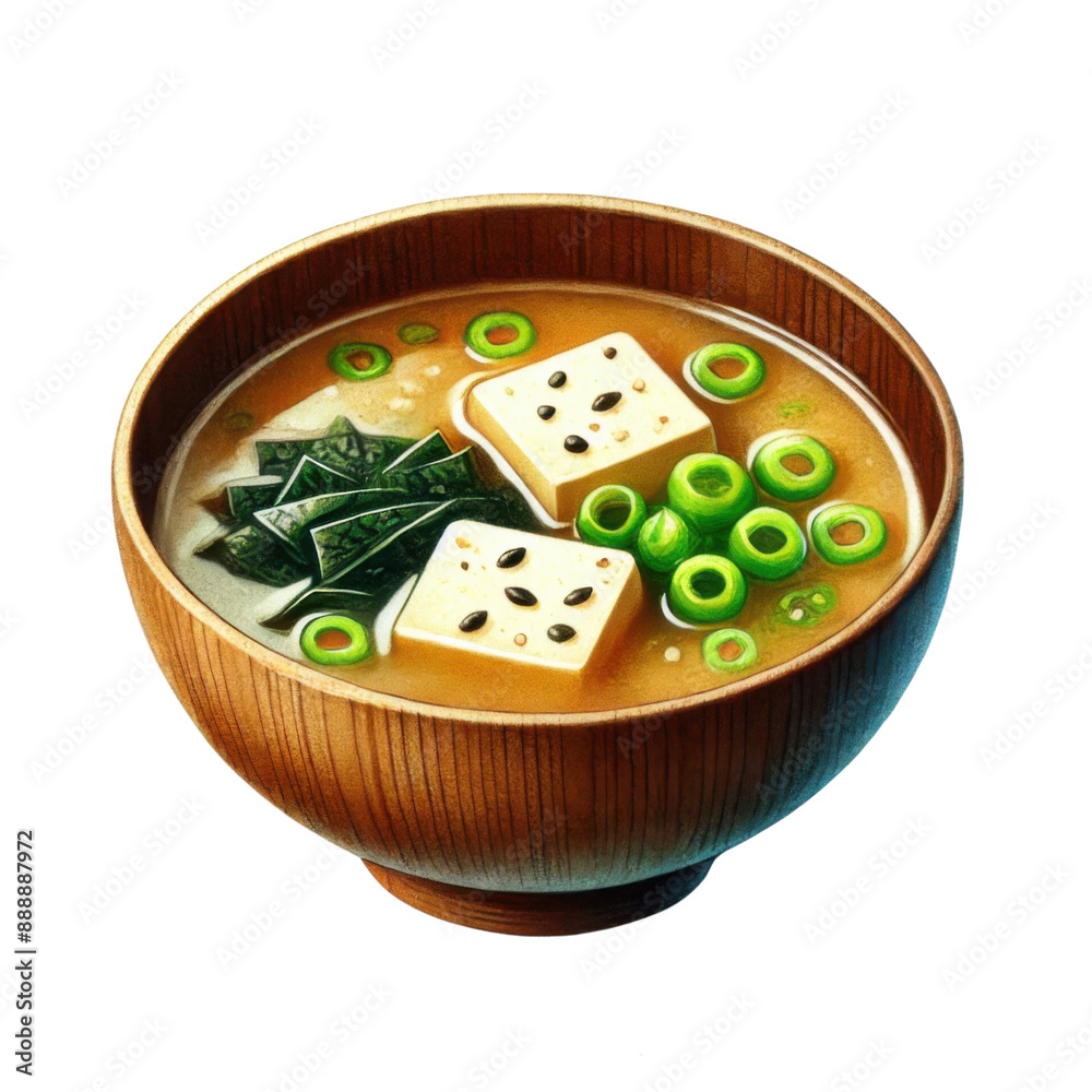 Illustration of a traditional miso soup bowl featuring tofu cubes, seaweed, and green onions ...