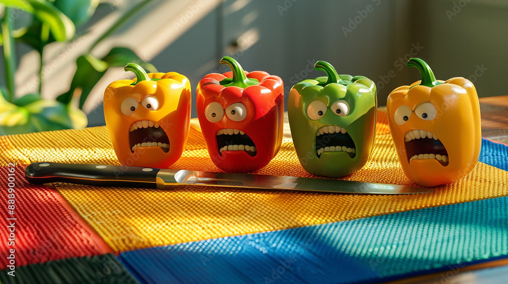 Bell peppers with expressive faces placed next to a knife, creating a ...