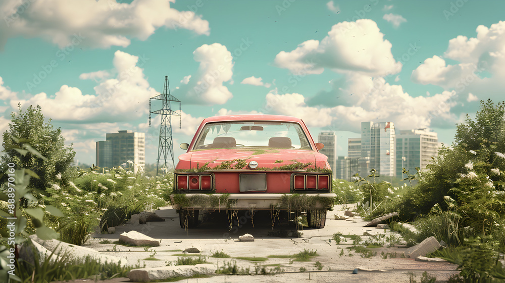 Vintage car abandoned in a post-apocalyptic landscape, surrounded by overgrown vegetation and ...