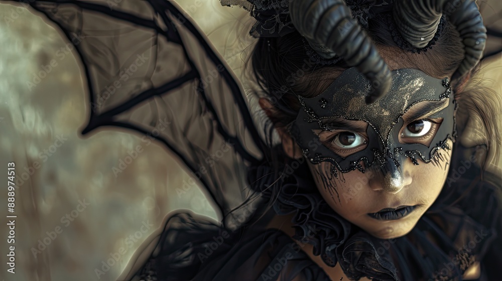 doe eyed Latina girl of twelve at masquerade party in a dark gothic ...