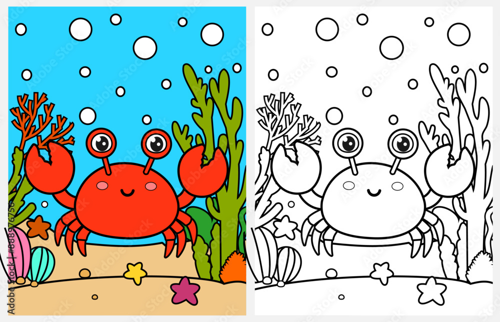 Cute cartoon crab underwater coloring page for kids, summer coloring ...
