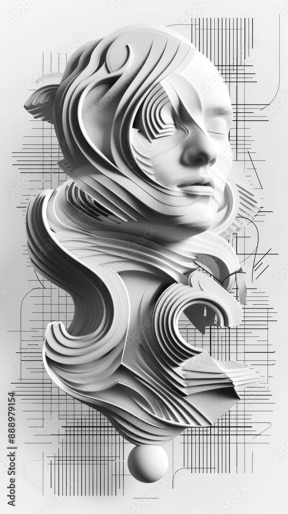 Abstract sculpture of a woman's face with flowing, layered curves and ...