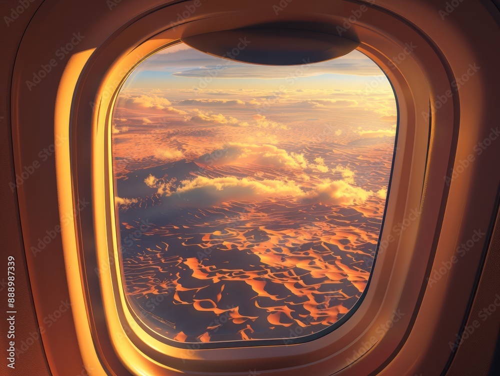 Airplane window view Sahara Desert landscape with sand dunes stretching ...