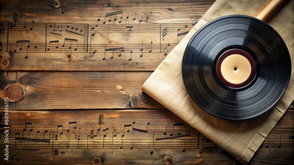 Music background with vintage vinyl record, blank paper scroll, and ...