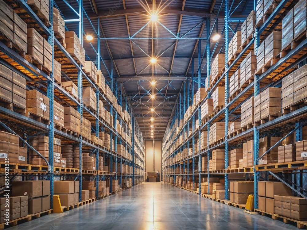 Massive interior of an empty industrial warehouse with rows of tall ...