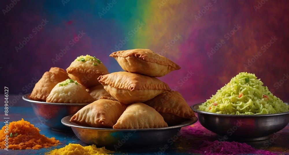 Assorted Indian Holi festival food like samosa, kachori, Puri bhaji ...