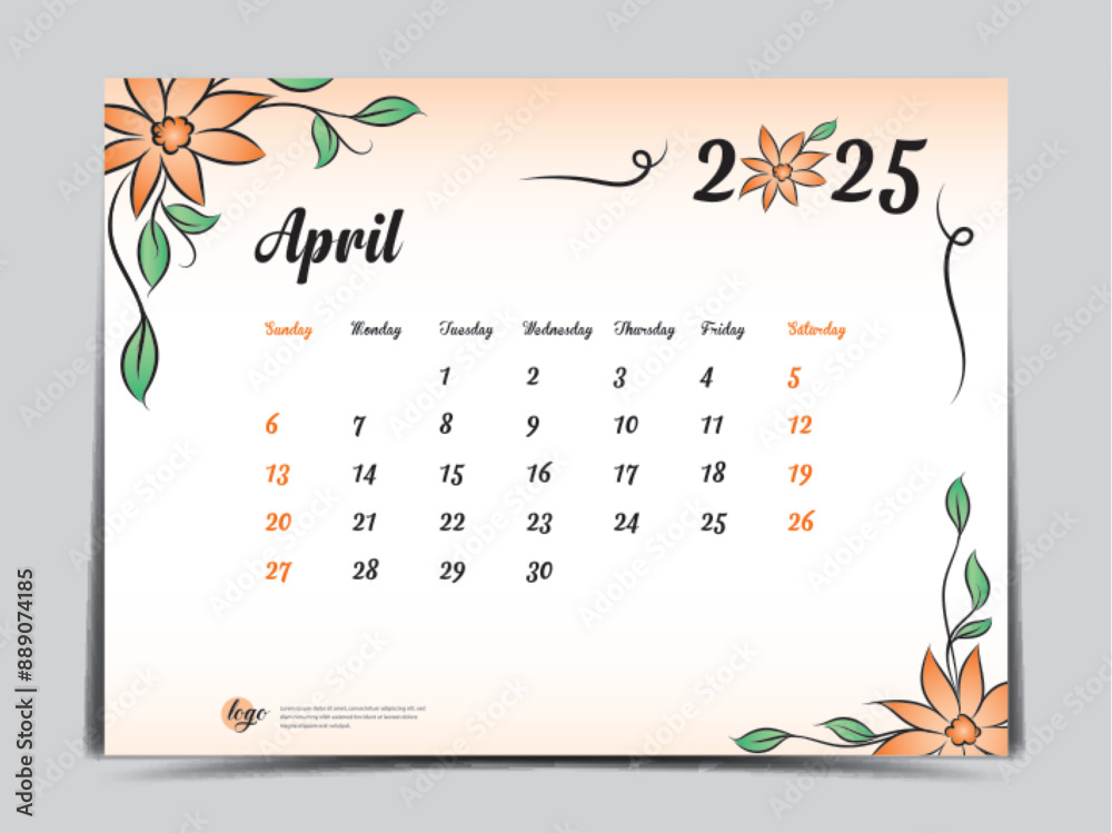 Calendar 2025 template on orange flowers background, April 2025 ...