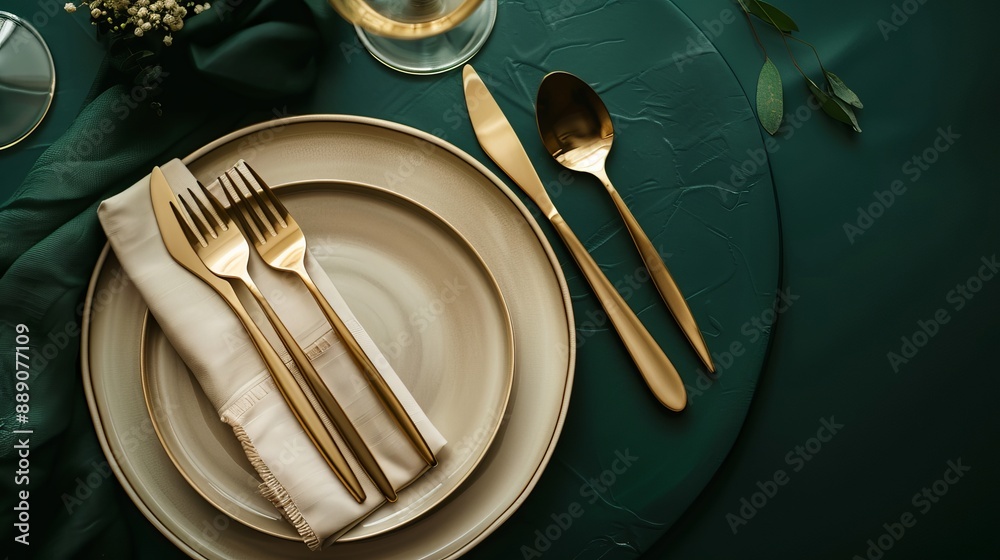 Elegant table setting with beige plates and gold cutlery on a dark ...