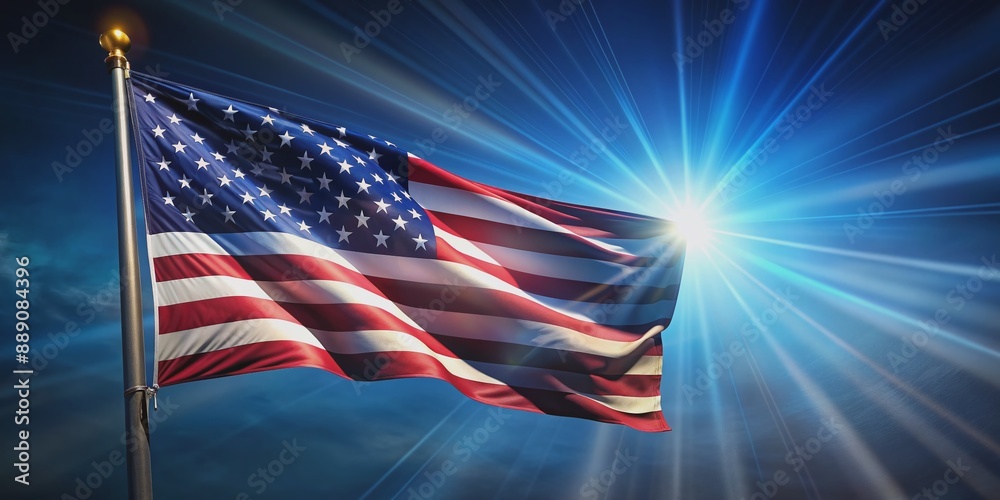 Vibrant American flag waving proudly against a dark blue background ...