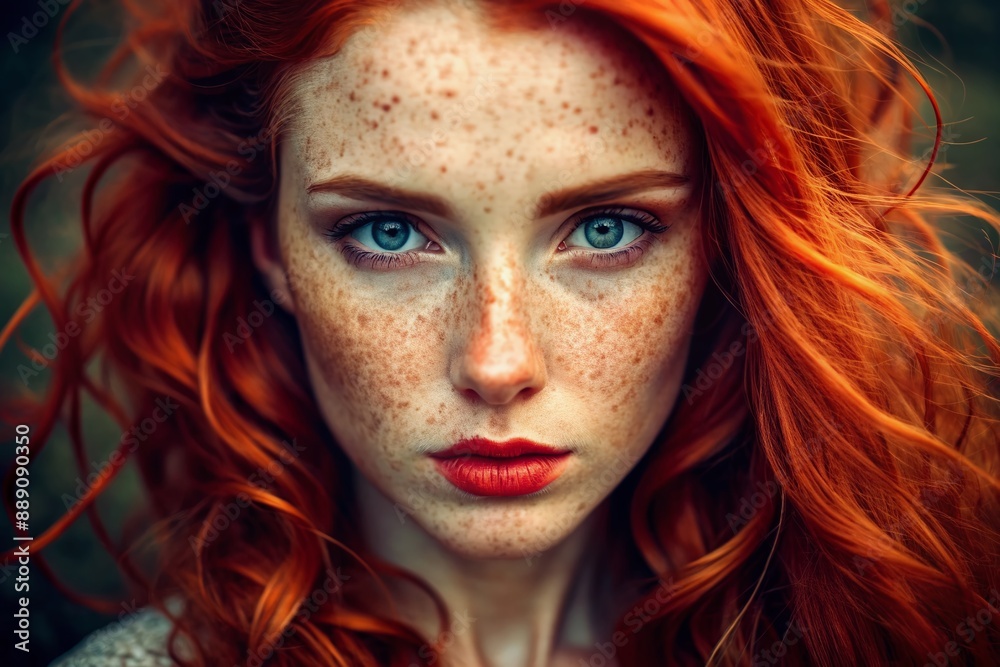 Vibrant scarlet locks cascade down a freckled complexion, illuminated ...