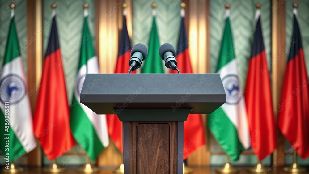 Empty podium with multiple microphones in front of a blurred national ...