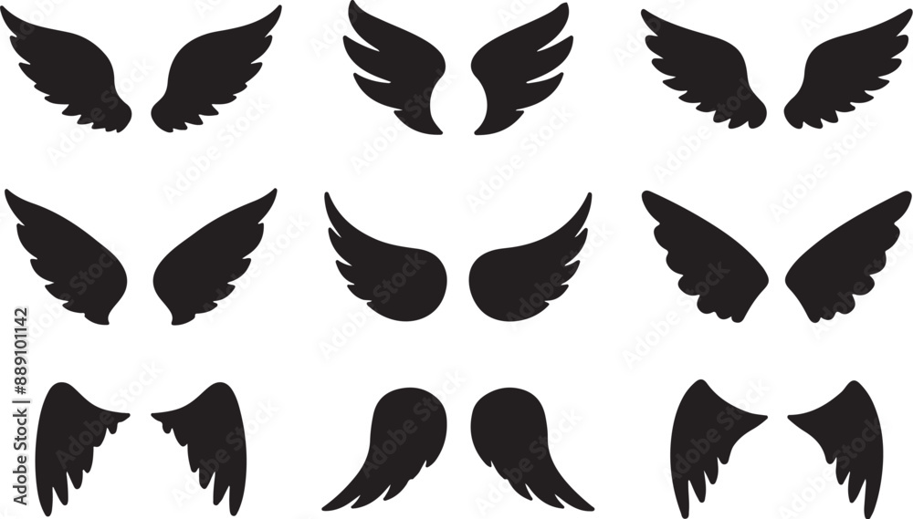 Wings icons. Set of black wings icons. Bird wings, angel wings elements ...