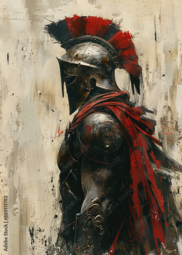 Roman legionnaire in armor and red cloak. Spartan warrior, oil painting ...