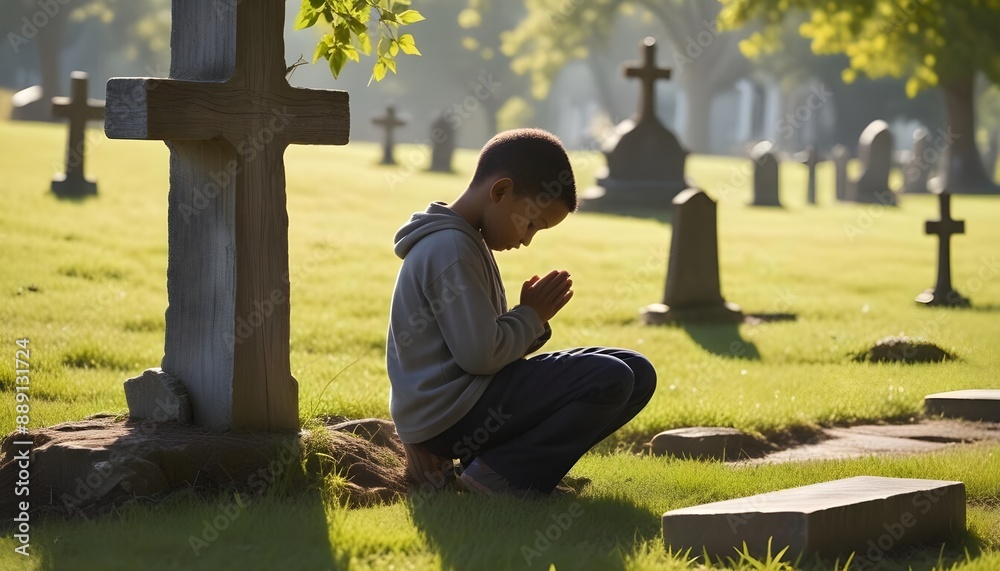 A young child kneeling by a gravestone highlighting the impact of ...