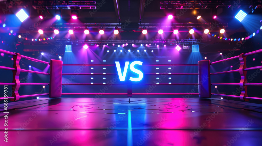 empty boxing ring with the word "VS" in lights between two columns on ...