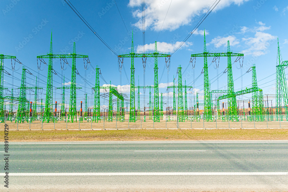 High voltage substation with high voltage poles and cables Stock Photo ...