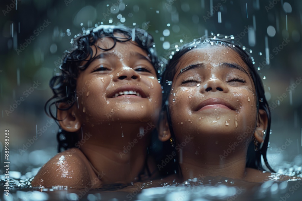 Little children of Indian ethnicity enjoying the rain while swimming in ...