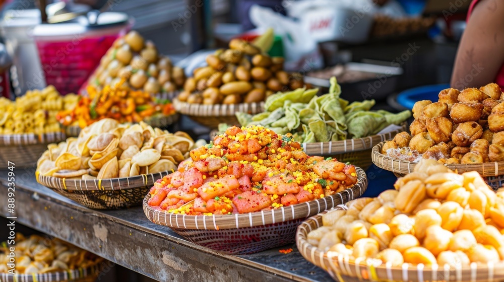 Colorful display of Indian street food snacks like chaat, vada pav, and ...