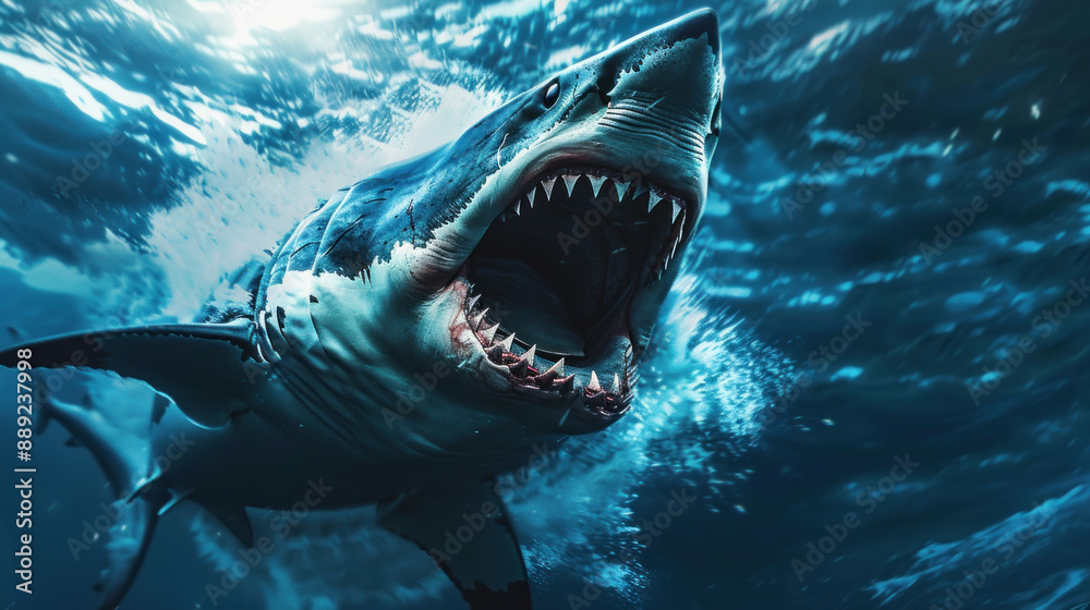 Shark swimming forward, seen from below, with its dangerous mouth wide ...