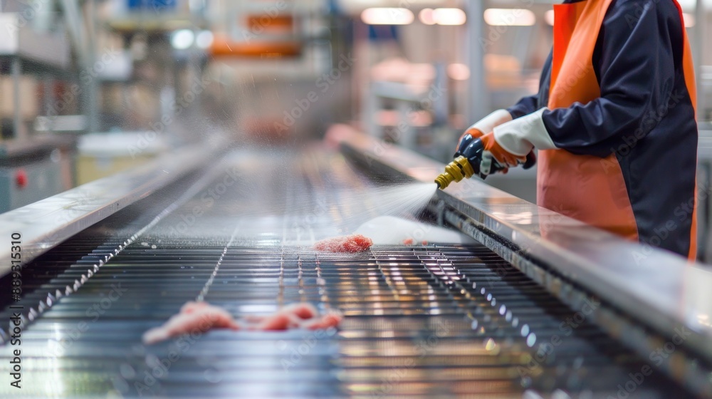 A worker using a sanitizing spray to clean a conveyor belt in a food ...