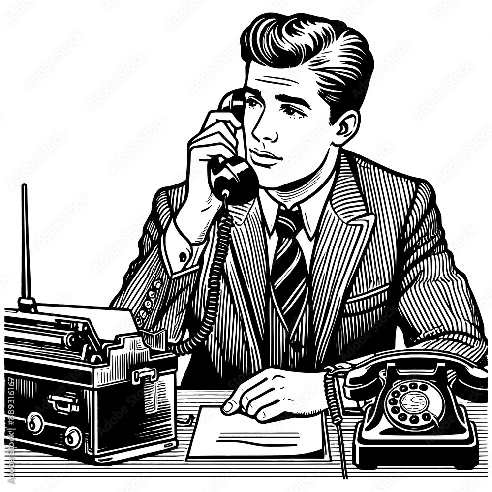 businessman using a phone, with a typewriter and rotary dial phone on ...