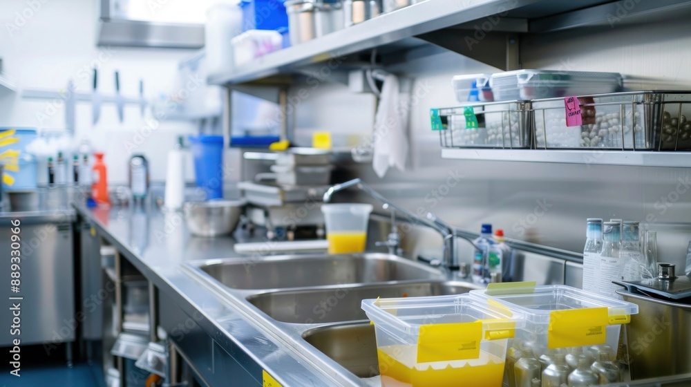 A clean and organized commercial kitchen with labeled containers and ...