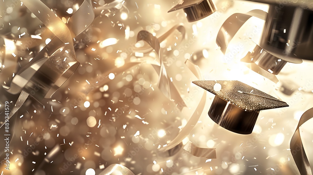 Graduation. Transparent background with realistic flying black degree ...