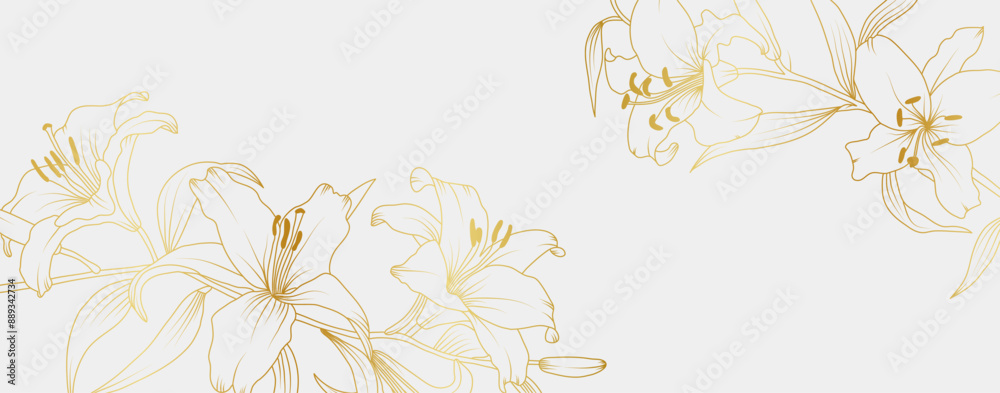 Luxury gold lily flowers background. Floral pattern tropical in line ...