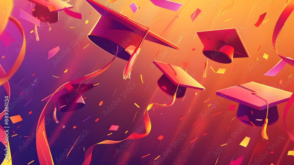 Graduation. Transparent background with realistic flying black degree ...