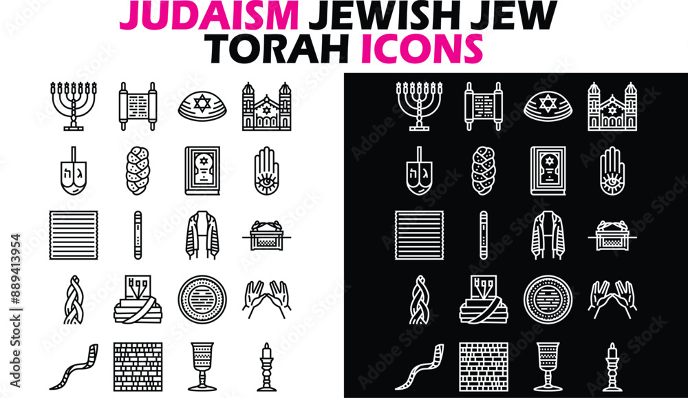 Judaism Jewish Torah Icons, Judaism religion symbols vector set of ...