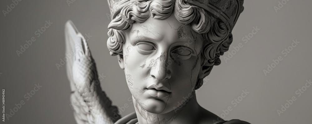 Detailed monochrome sculpture of Hermes, the Greek god, with a cunning ...