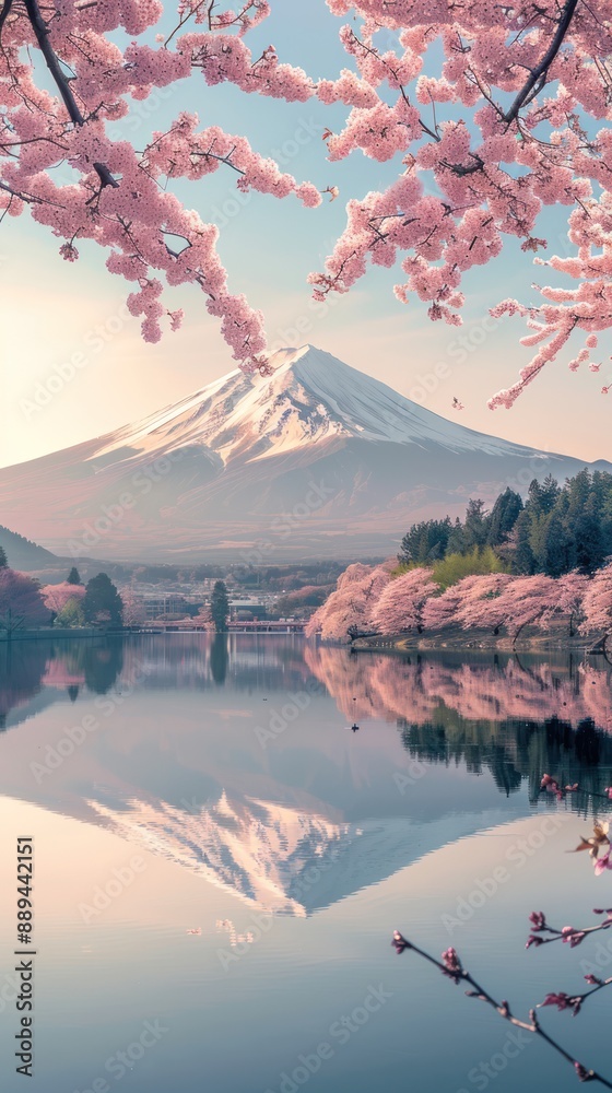 Mount Fuji in spring with cherry blossom trees in bloom at a lake in ...